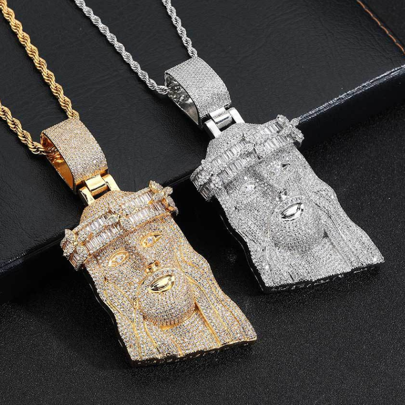 Moissanite Square Diamond Four-leaf Clover Head Decorated with Jesus P ...