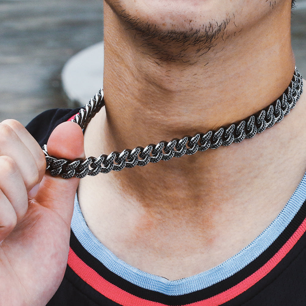 12mm Iced Out Cuban Link Black Stone for Men's Chain – kankco