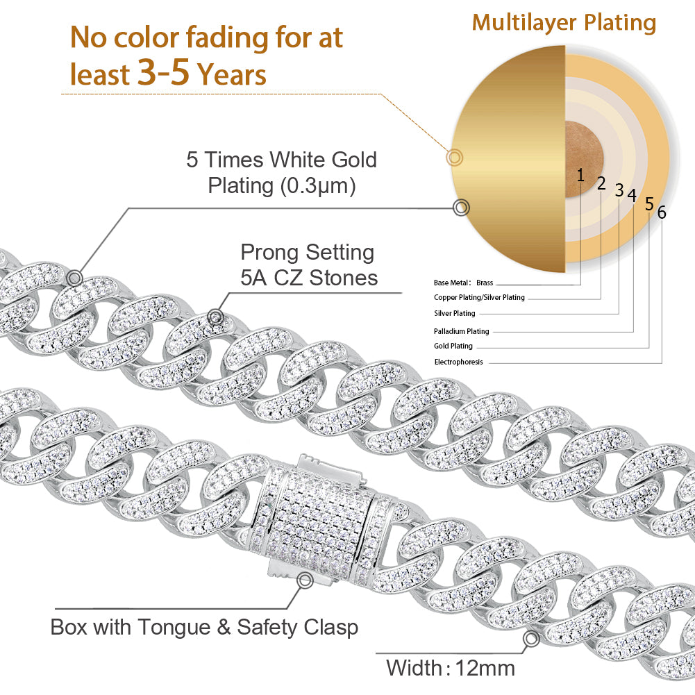 Iced Box Clasp Cuban Link Chain (12mm) for Men's in White Gold – kankco